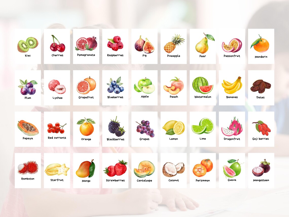 36 Fruits Healthy Foods Cards for Kids | Montessori Learning Flashcards ...