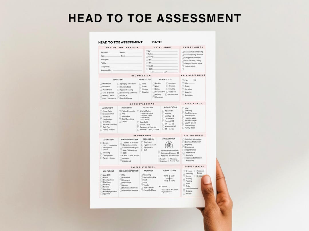 Head to Toe Assessment Cheat Sheet | Physical Health Checklist | Assessment Template for Nursing ...