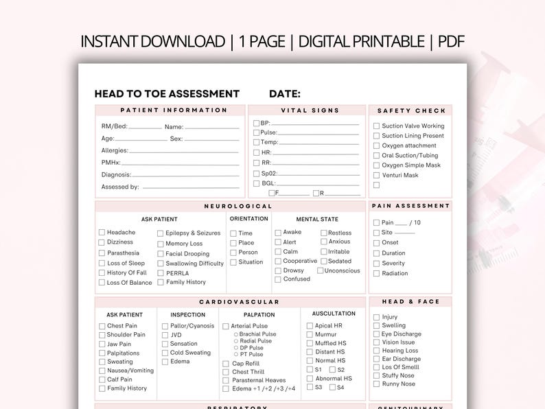 Head to Toe Assessment Cheat Sheet | Physical Health Checklist ...