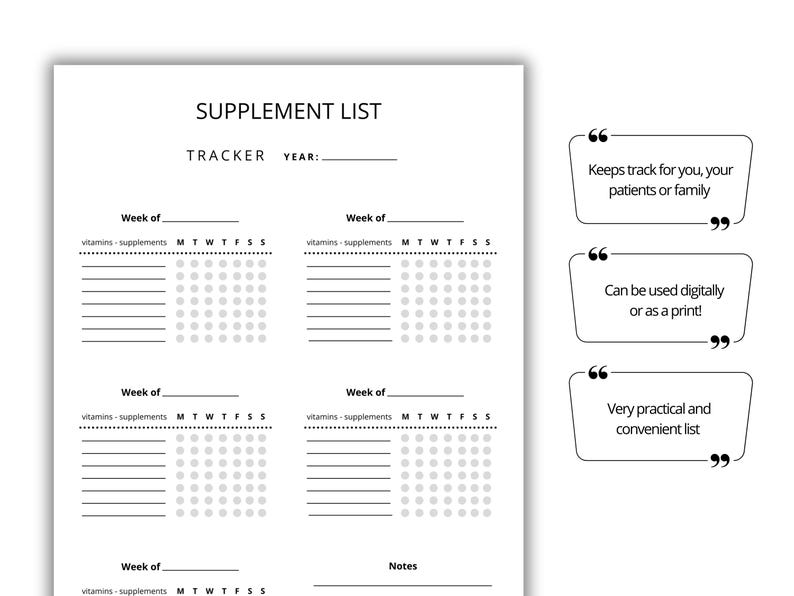 Weekly Supplement Tracker Printable | Vitamin Checklist (digital ...