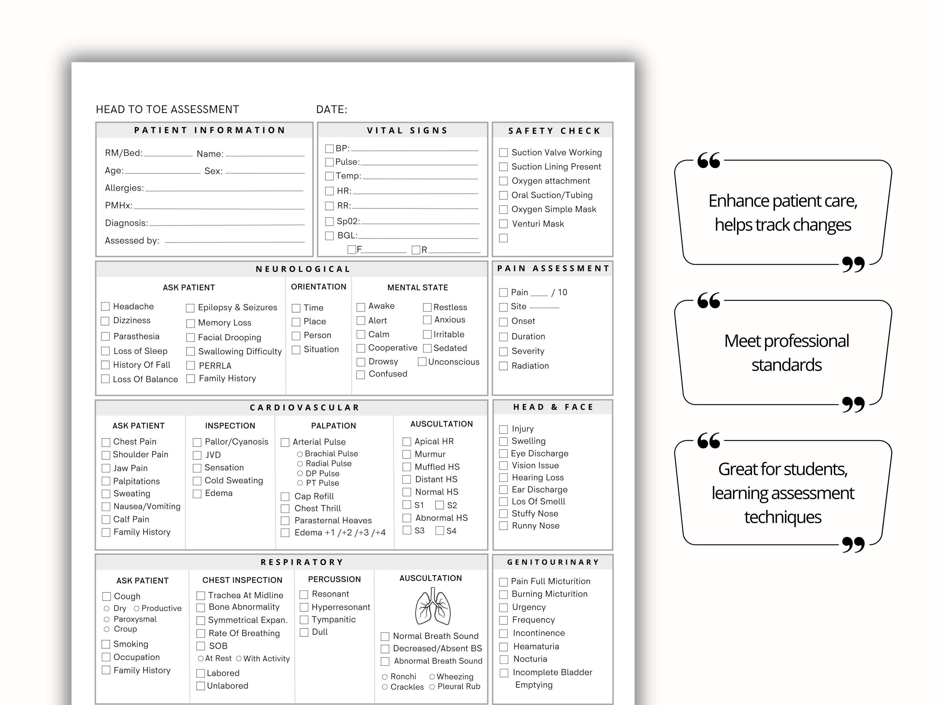 Head to Toe Assessment Cheat Sheet | Physical Health Checklist ...