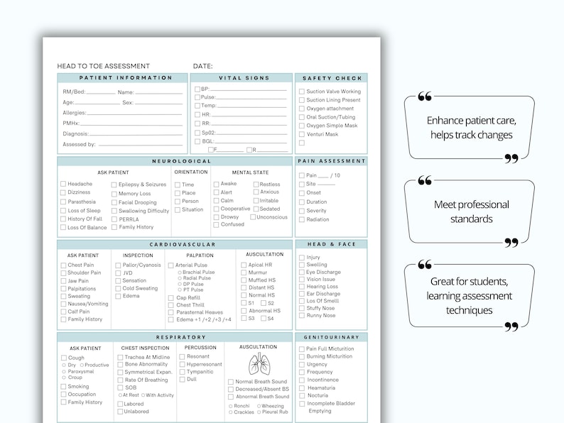 Nursing Assessment Template | Head to Toe Checklist (PDF) - Etsy