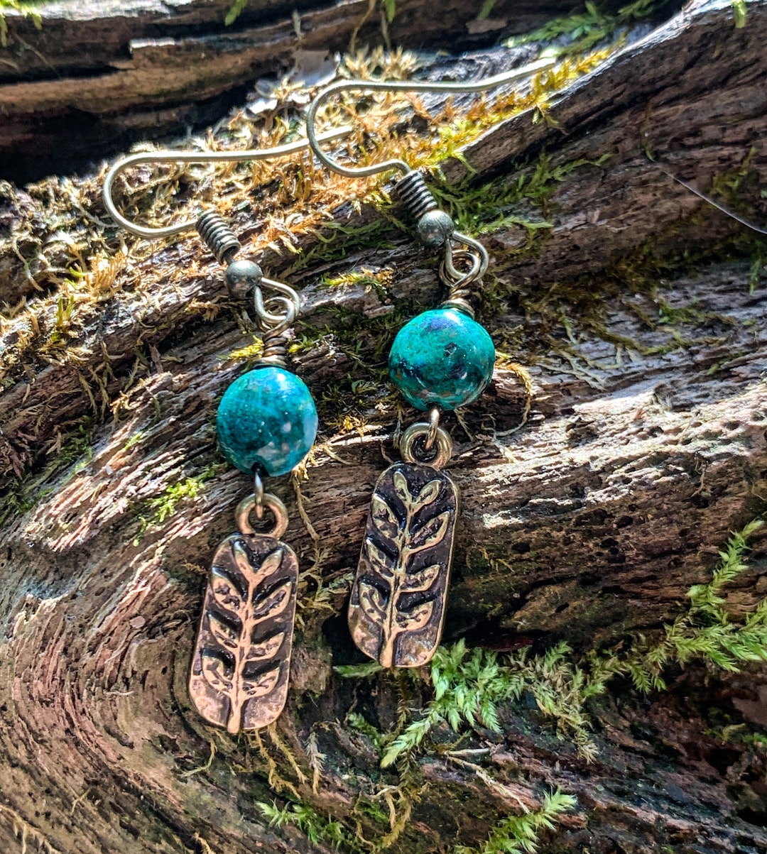 Genuine Green - Blue Turquoise With Sprout Charm Earrings - Earthy ...