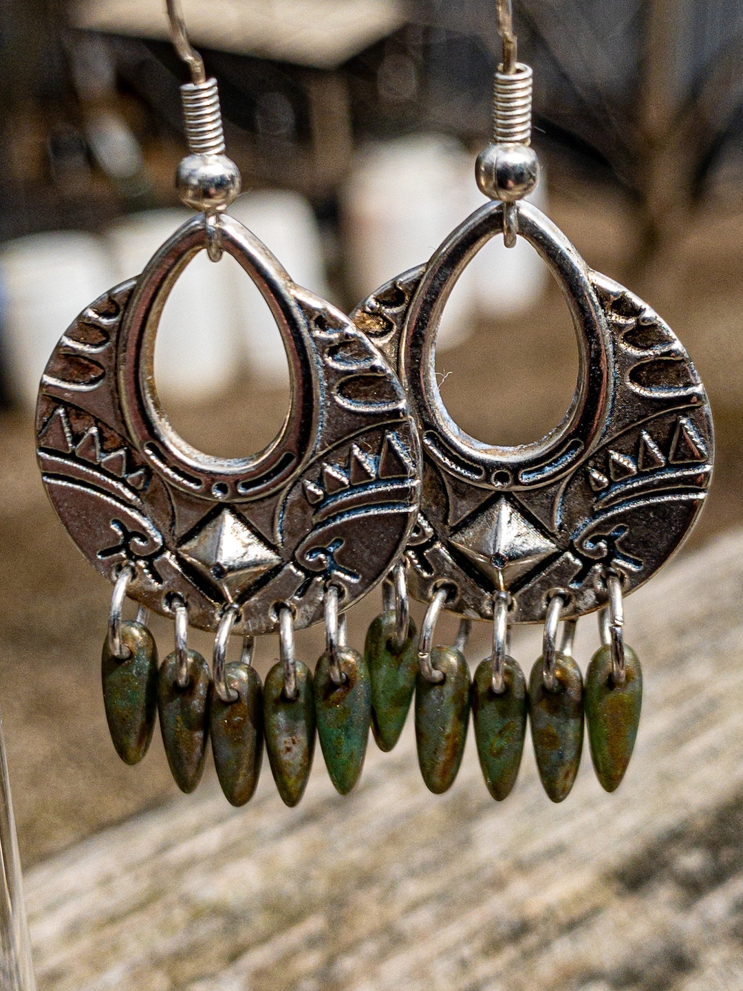 Aztec Earrings Silver or Brass With Czech Glass Bohemian Jewelry Rustic ...