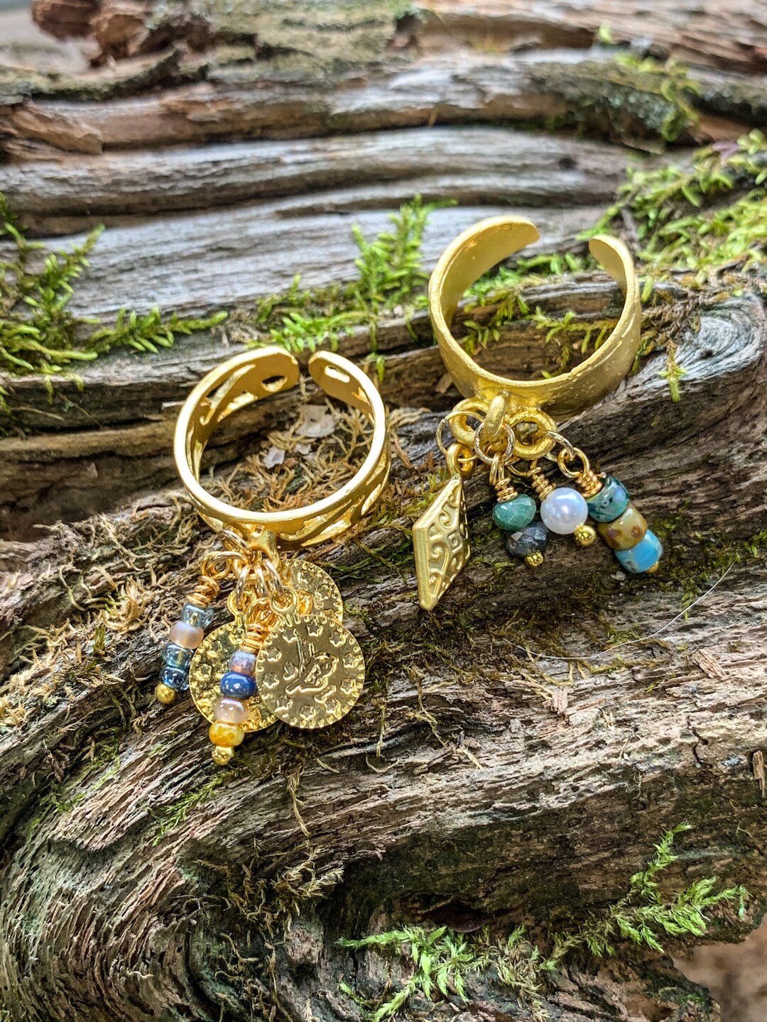 Gold Dangling Rings With Charms Adjustable Rings Bohemian Gypsy ...