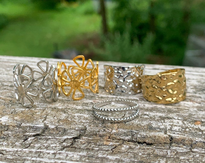 2 Pcs/set, Silver Cuff Rings, Triple Band Ring, Resizable Double Layer ...