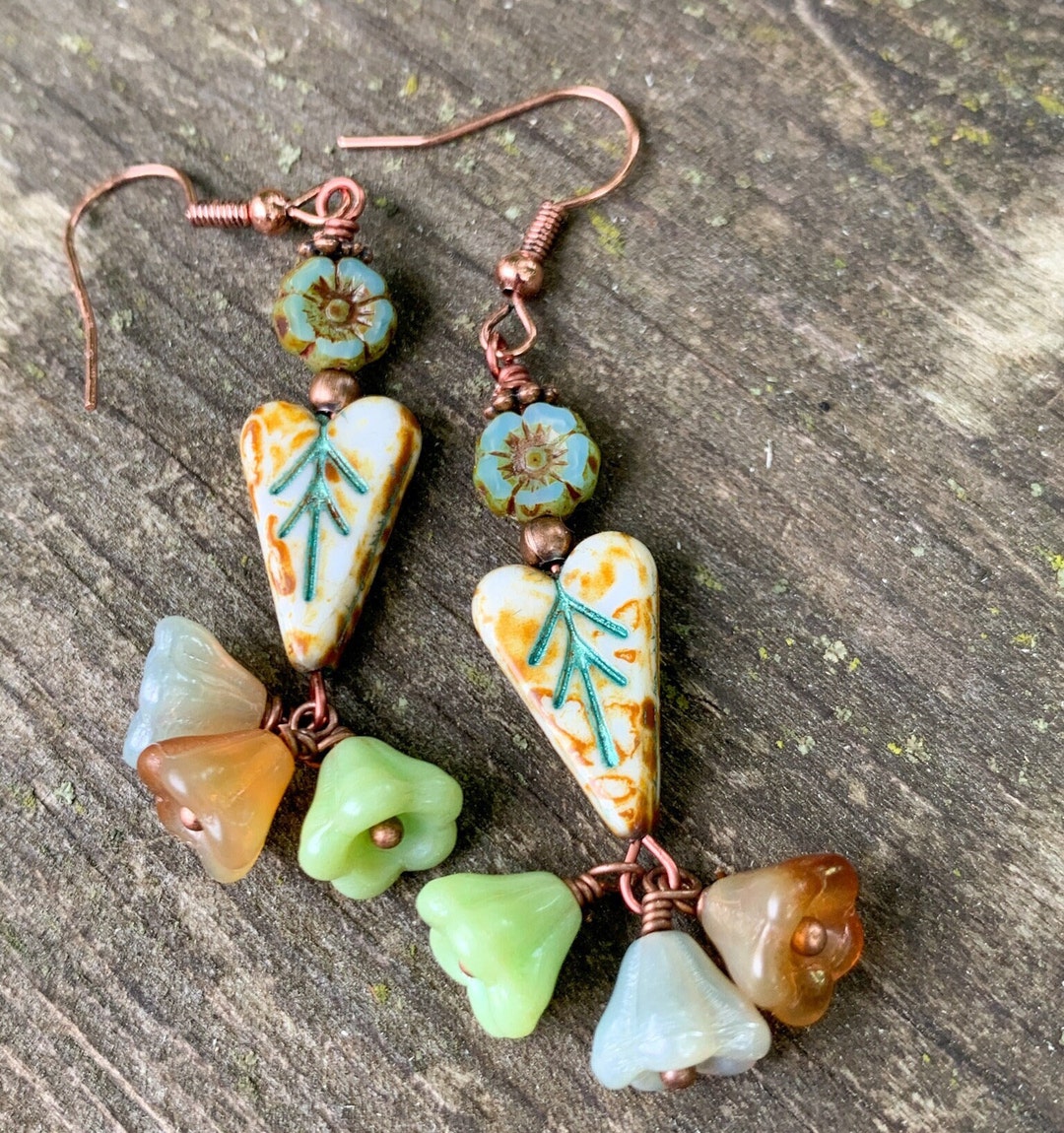 Czech Glass Heart Leaf Earrings Boho Unique Dangle Drop Rustic Shabby ...
