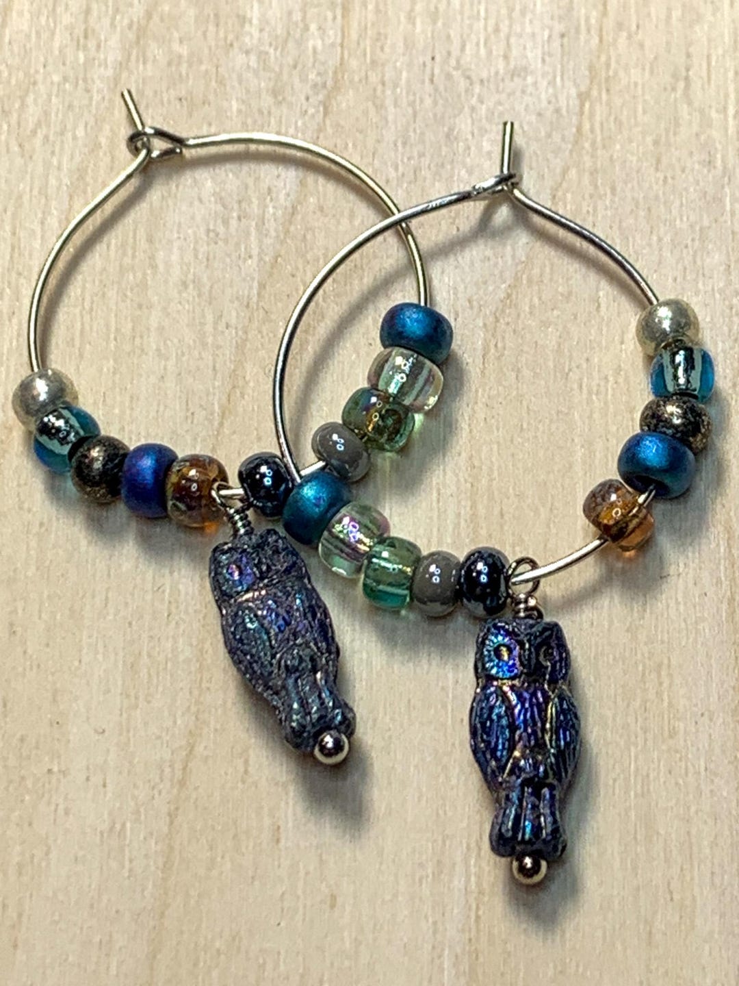 Tiny Czech Glass Owl Stainless Steel 25mm Hoops Colors of Sunset ...