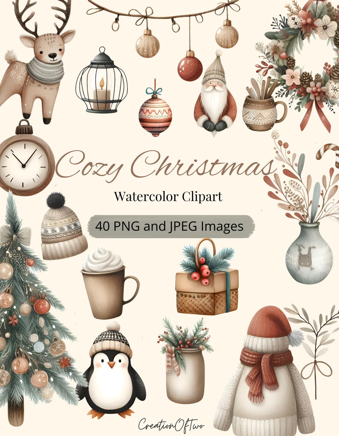 Cozy Christmas Clipart Bundle Watercolor Boho Ornaments Wreaths ...