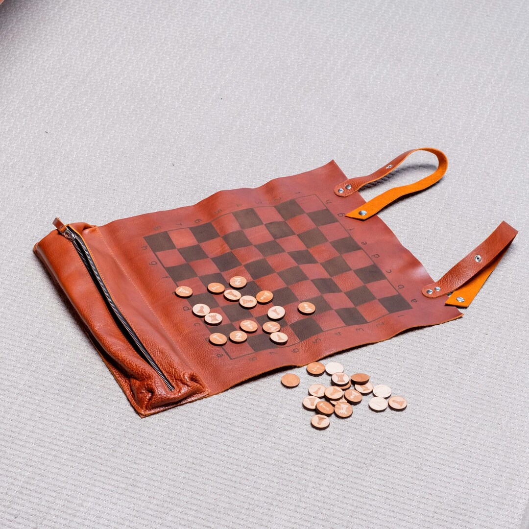 Personalized Leather Chess Board, Travel Chess Set Roll, Leather ...