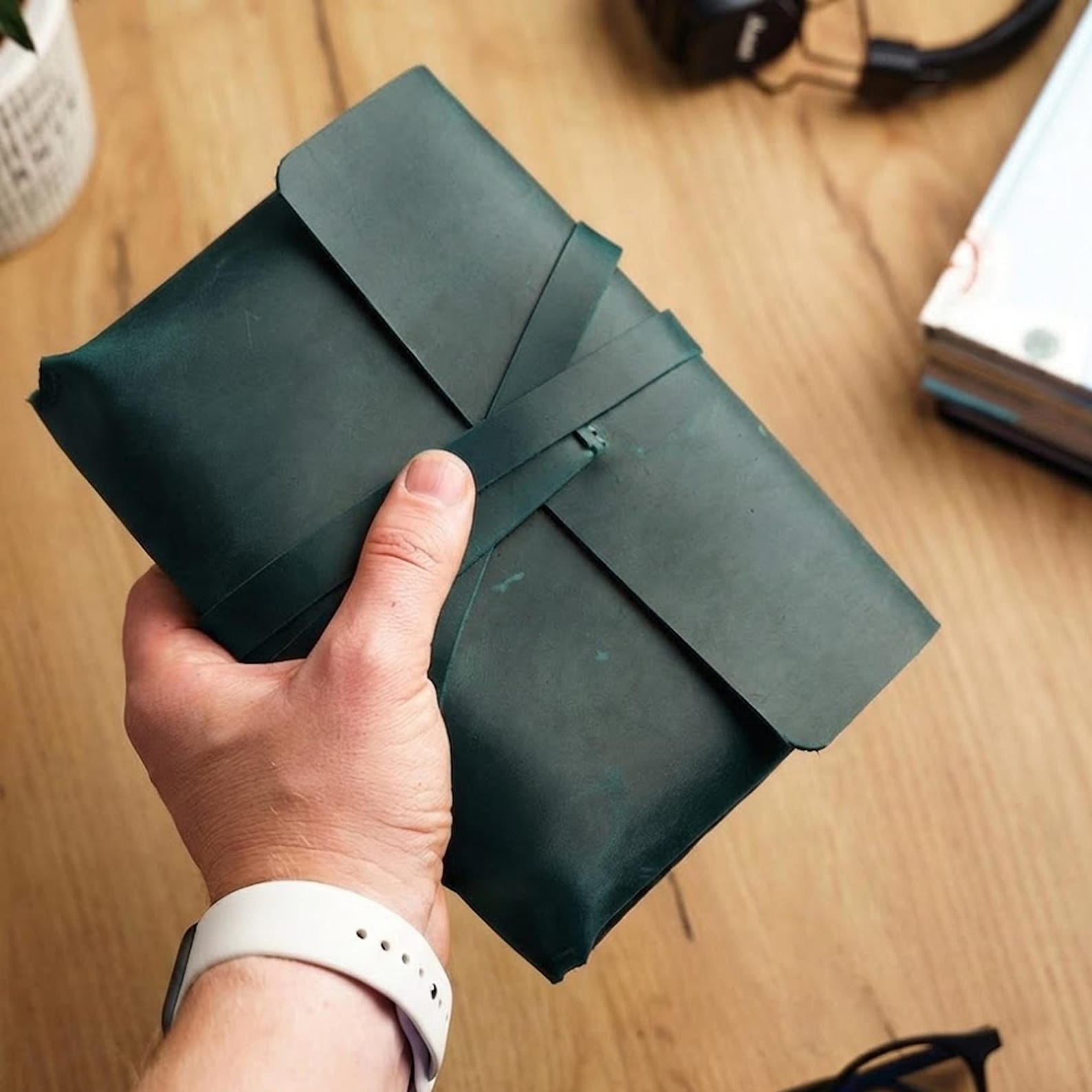 A5 Book Sleeve, Green Book Sleeve, Leather Book Pouch, Custom Wrap Book ...