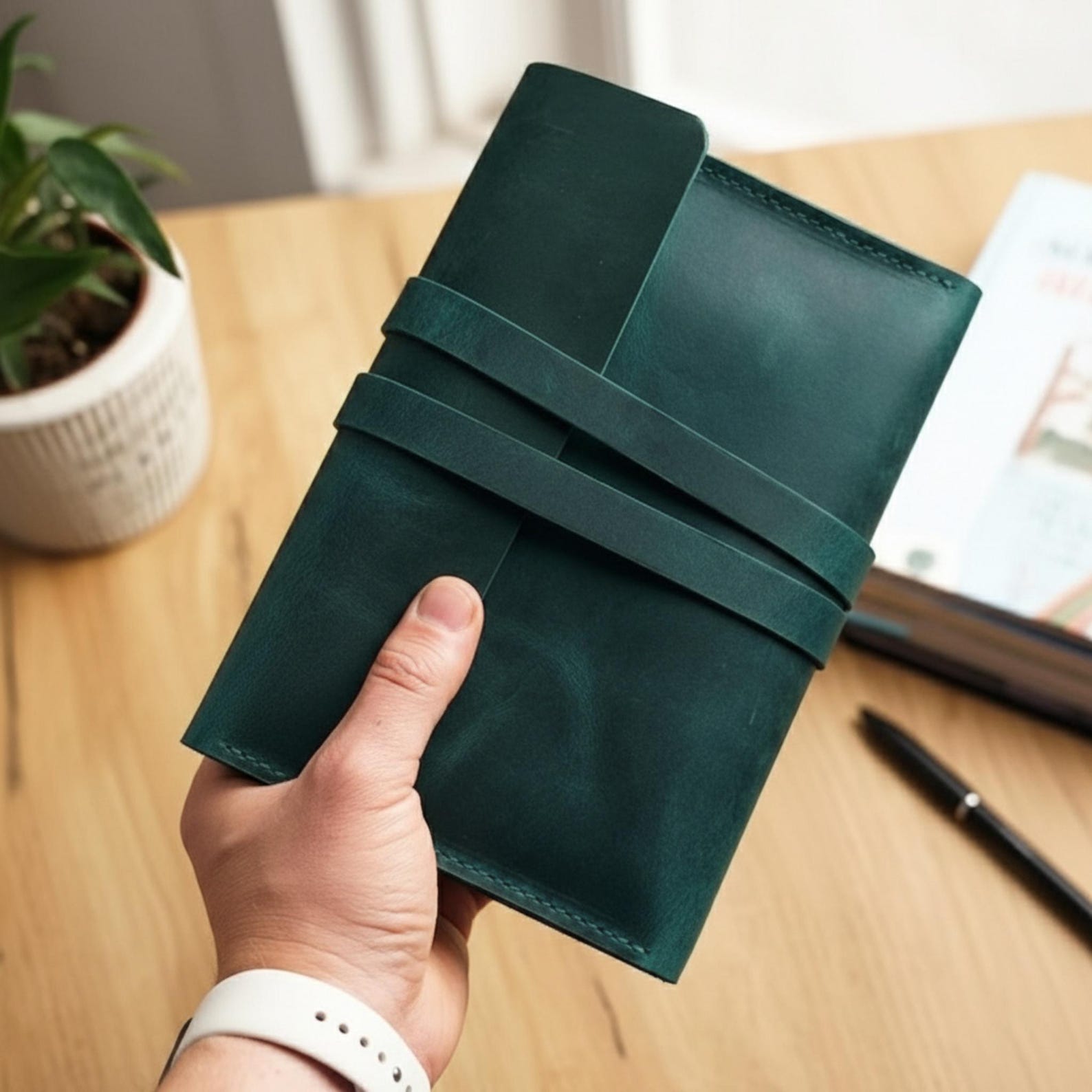 A5 Book Sleeve, Green Book Sleeve, Leather Book Pouch, Custom Wrap Book ...