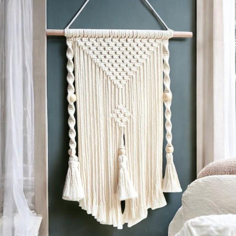 Wall Hanging Boho Macrame Decor With Geometric Knots, Wooden Beads, and ...