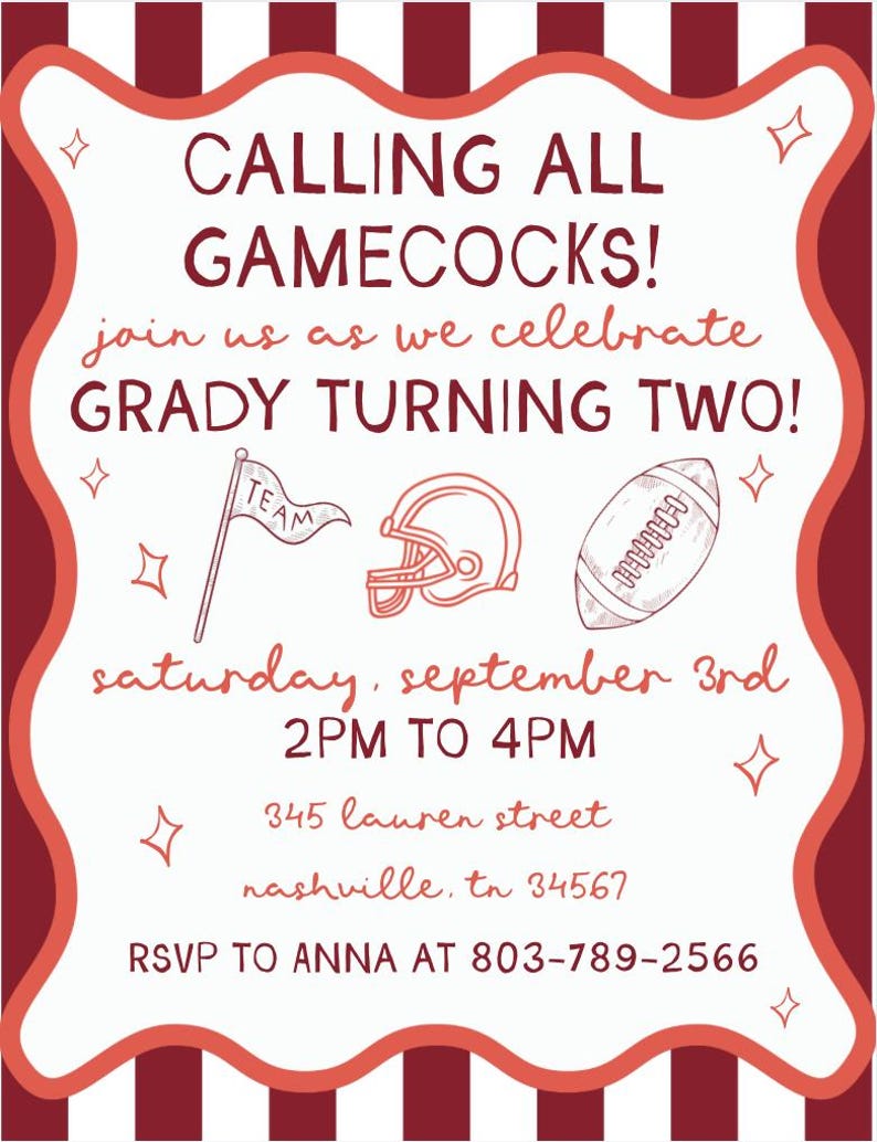 Gamecock Football Birthday Invitation, Kids Football Invite, Football ...