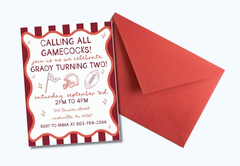 Gamecock Football Birthday Invitation, Kids Football Invite, Football ...
