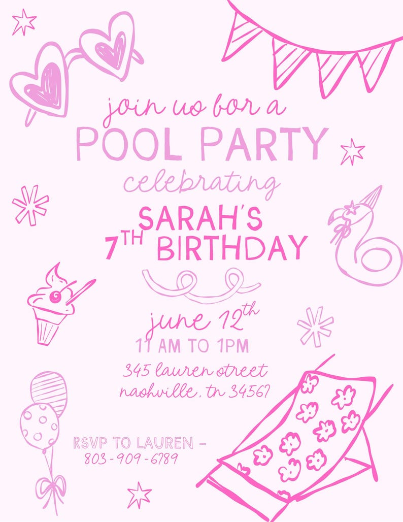 Pink Pool Party Birthday Invite - Etsy