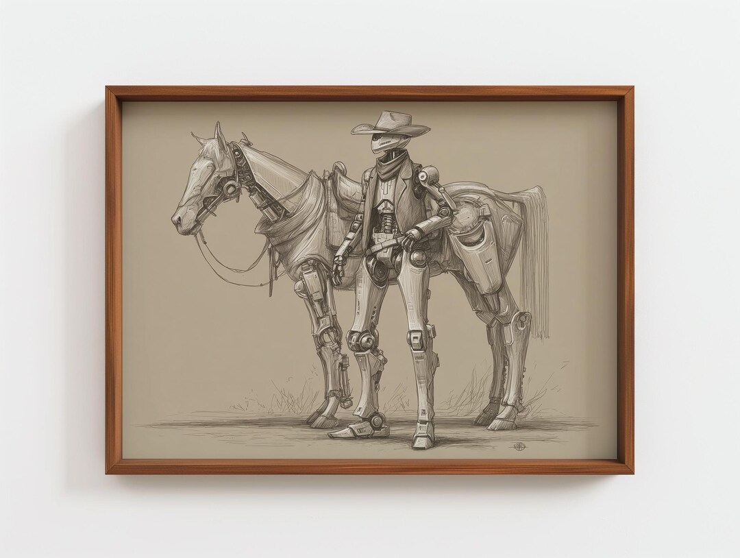 Steampunk Cyborg Cowboy Concept Sketch, Sci-fi Western Wall Art ...