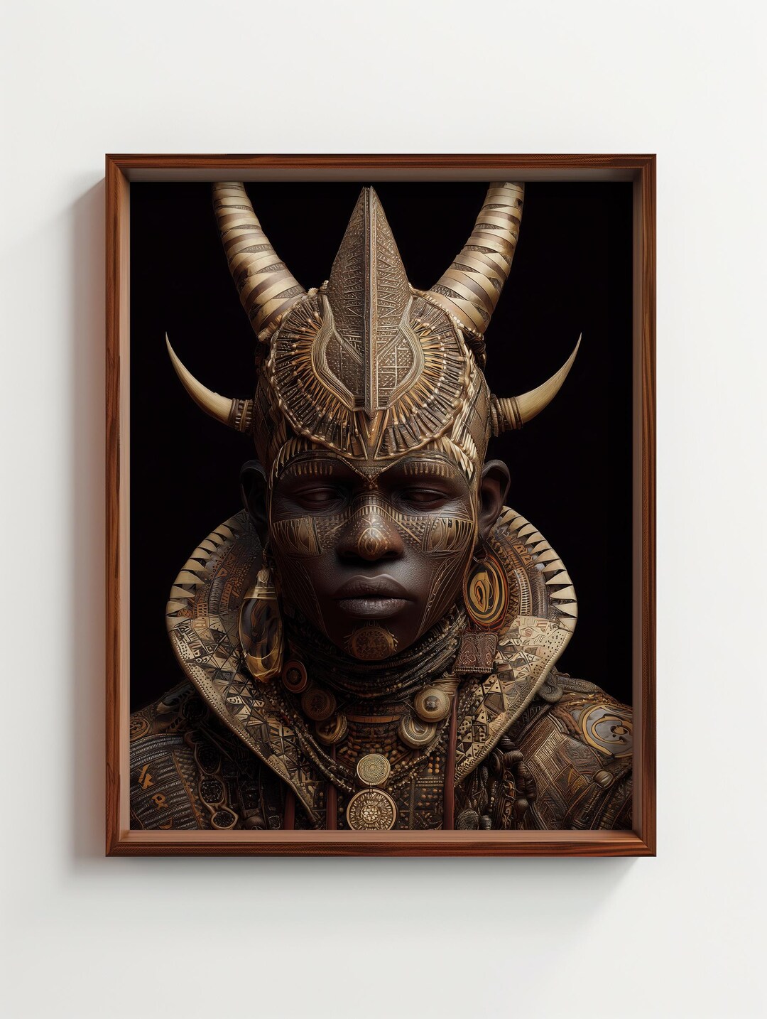 Hyperrealistic African Warrior Portrait, Afrofuturism Wall Art, Golden ...