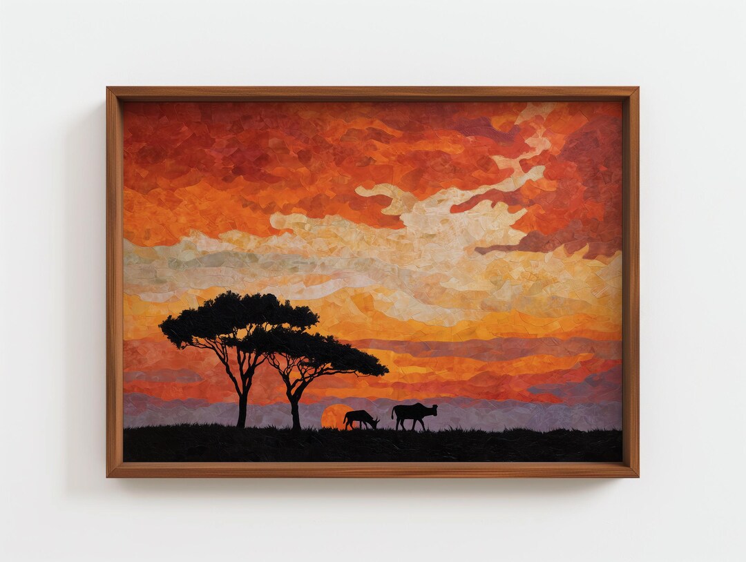 Abstract Savannah Sunset Collage Art, Torn Paper African Landscape ...