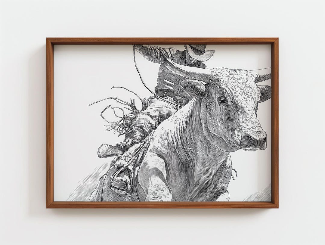 Cowboy Bull Rider Line Art, Minimalist Western Wall Decor, Rodeo ...