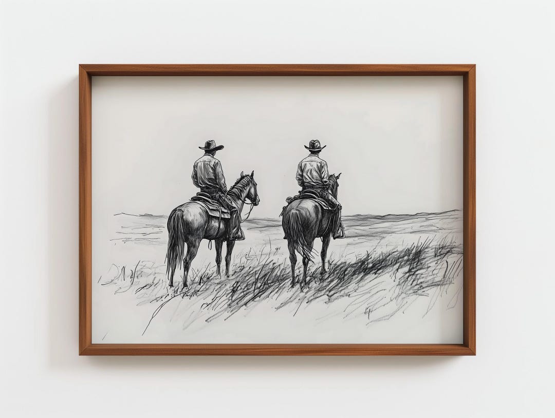 Vintage Cowboy Sketch Print, Western Wall Art, Two Cowboys Drawing ...