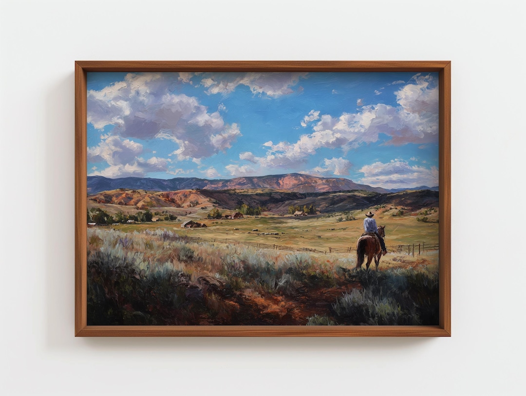 Panoramic Ranch Landscape Oil Painting, Cowboy on Horseback Wall Art ...