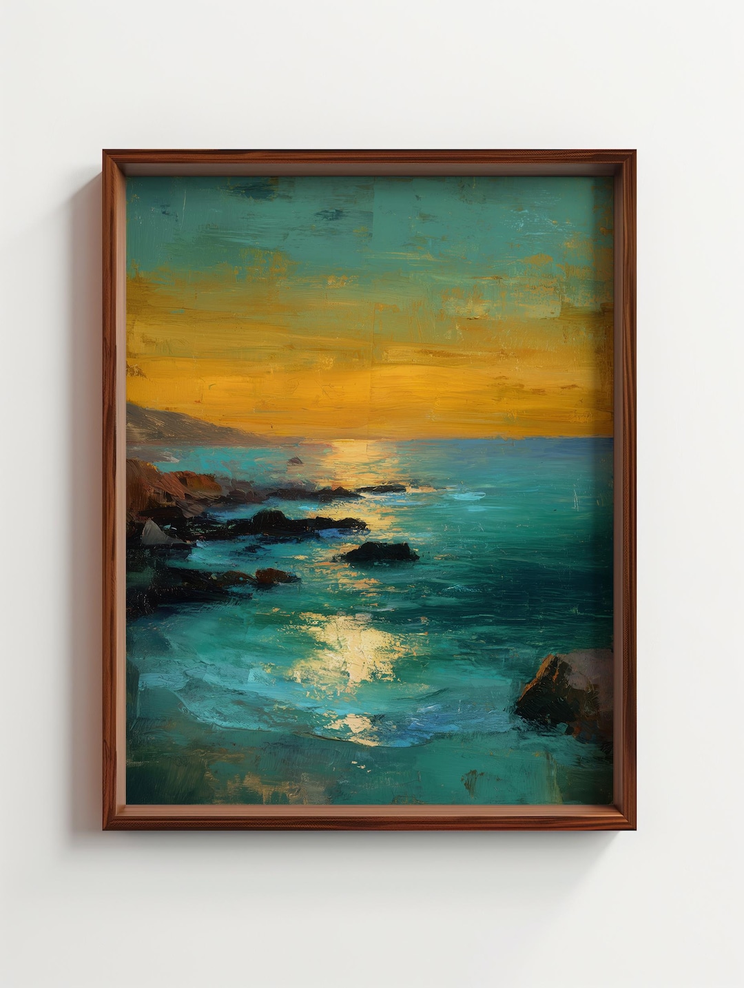 Vintage Impressionist Ocean Painting, Teal and Mustard Sunset Print ...