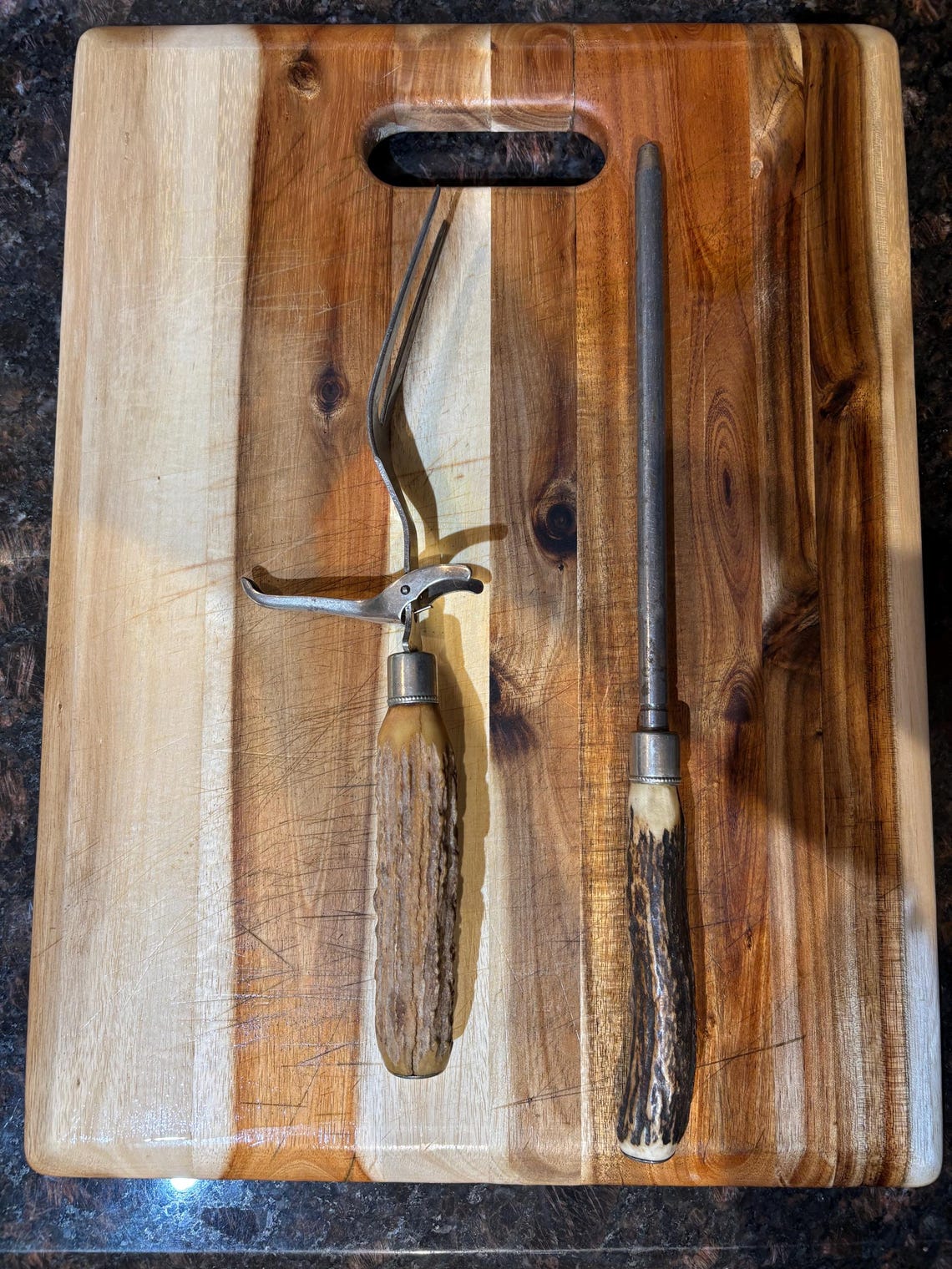Vintage Stag Horn Carving Set With Stainless Steel Fork and Sharpening ...