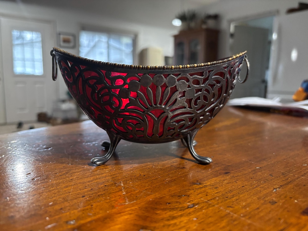 Antique Pairpoint Quadruple Silver Plate Pierced Bowl With Cranberry ...