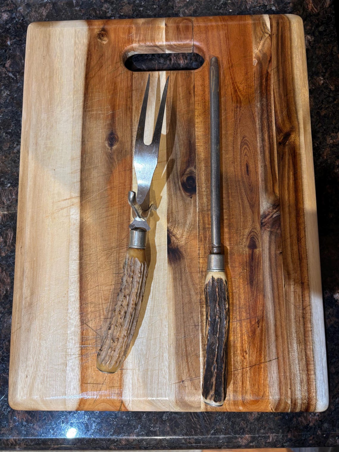 Vintage Stag Horn Carving Set With Stainless Steel Fork and Sharpening ...