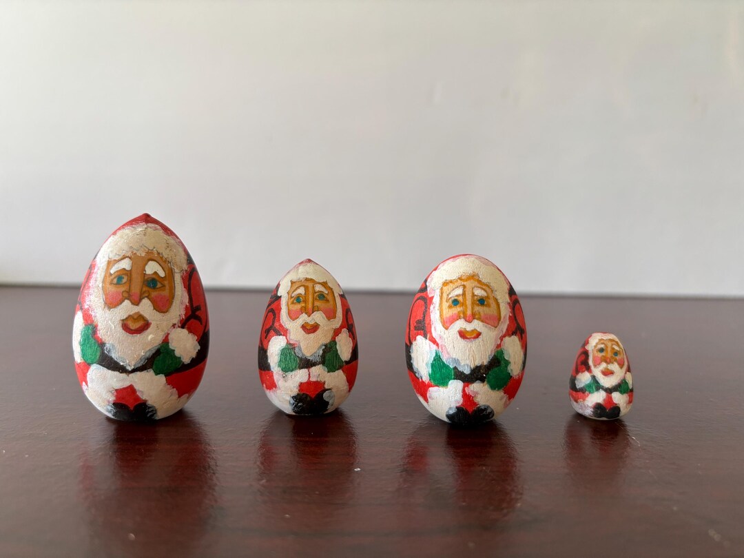 Vintage-style Hand-painted Wooden Santa Egg Ornaments - Set of 4 ...
