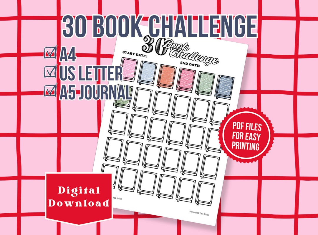 30 Book Challenge - PRINTABLE Journal Page - Reading Tracker Log ...