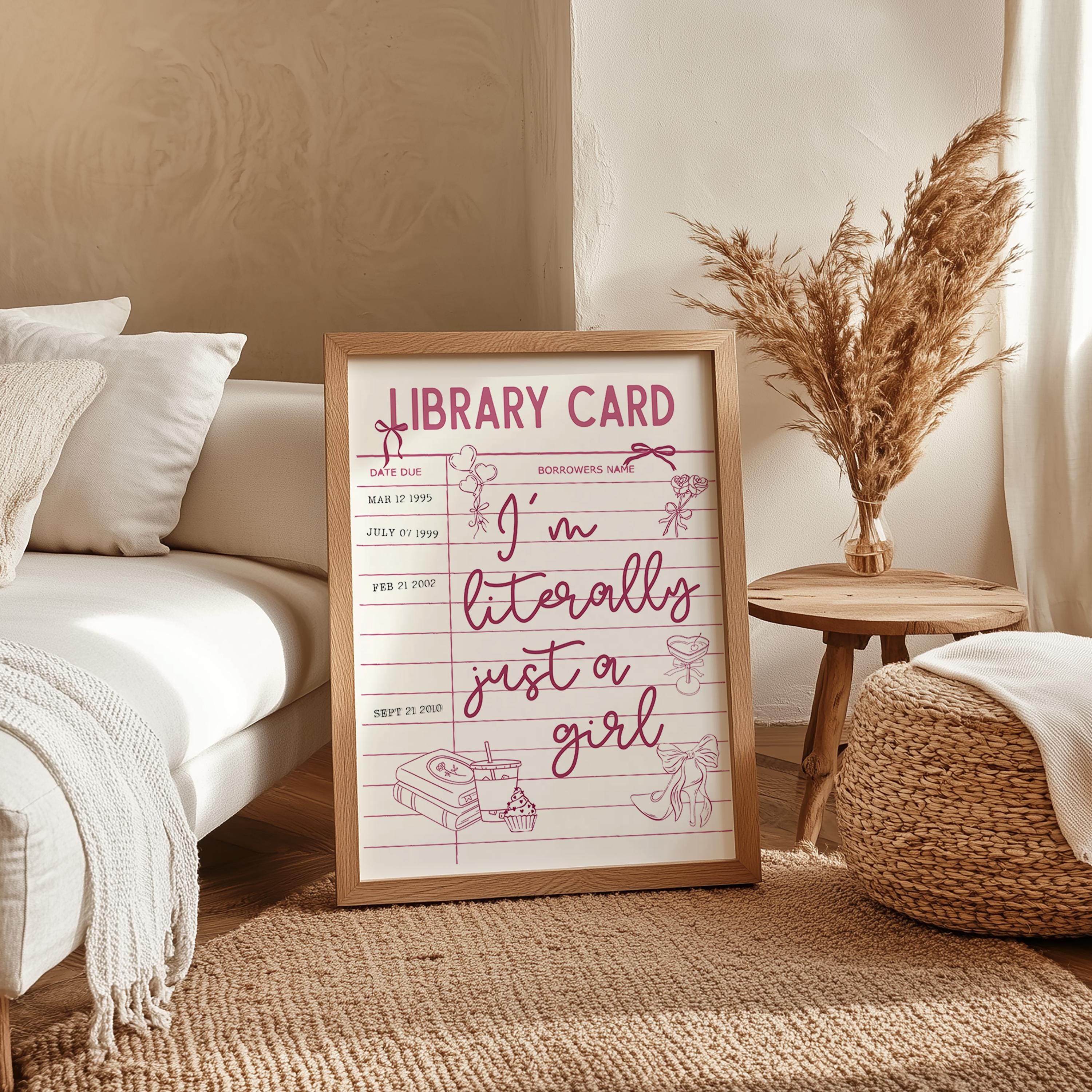Library Card Poster 'literally Just a Girl' Pink Wall Art Bookish Gift ...