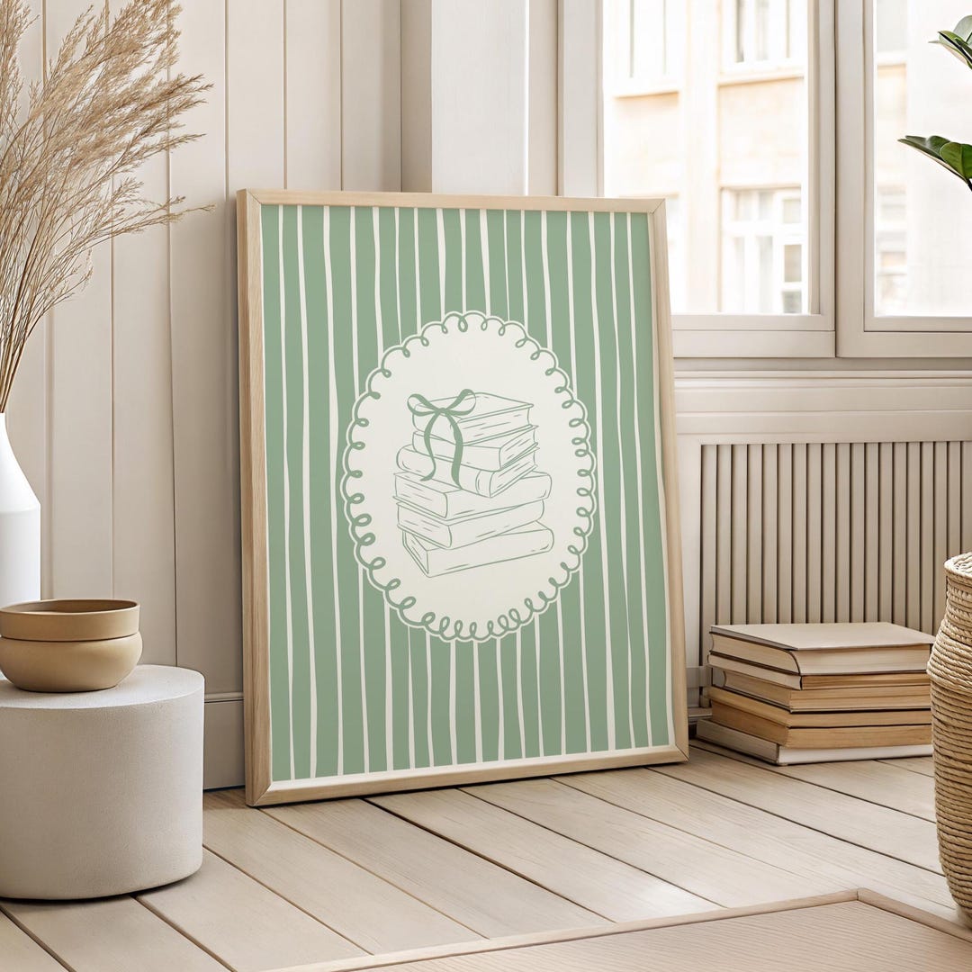 Sage Green Preppy Stripes Book Stack Bookish Wall Art Poster | Reader ...