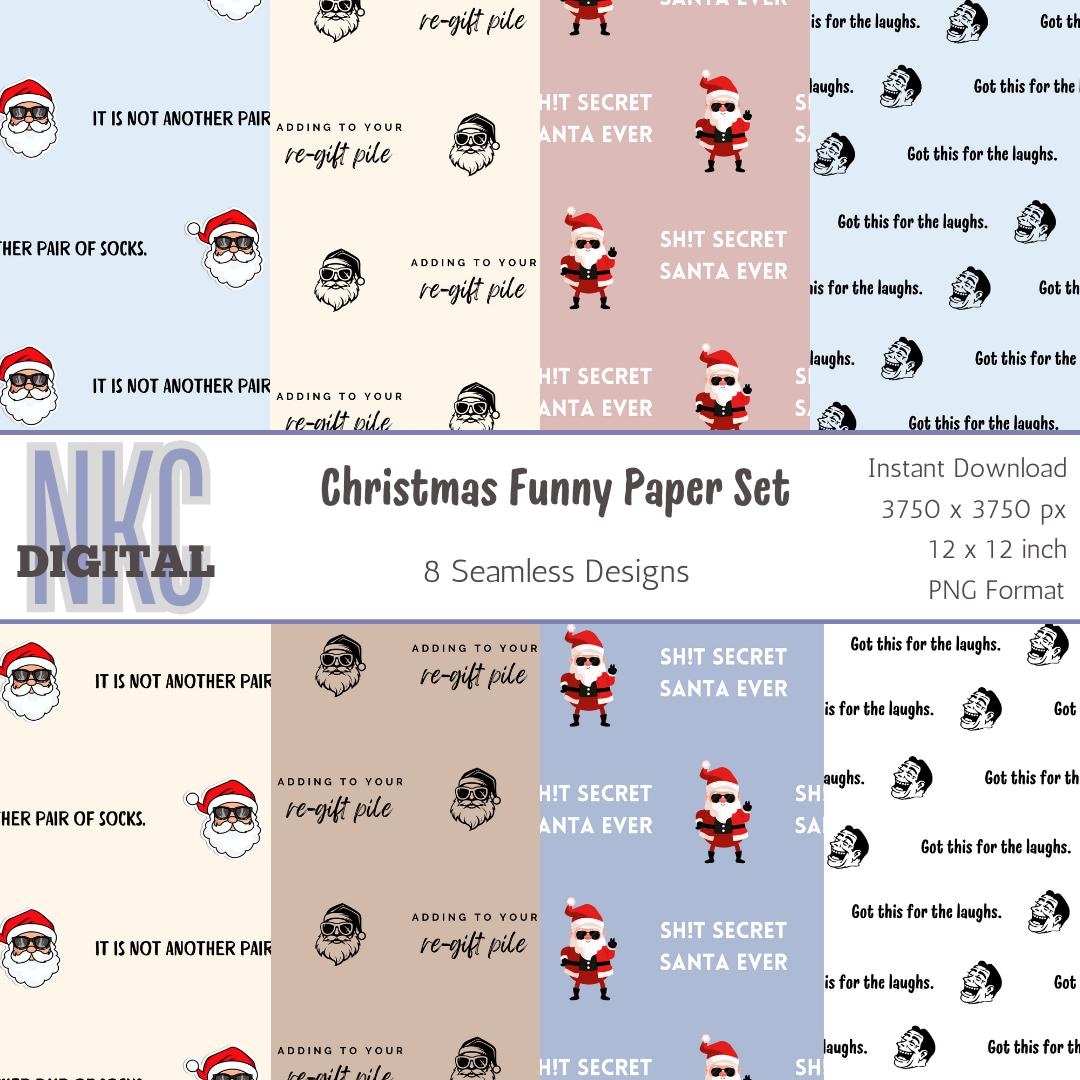 Christmas Funny Digital Paper Secret Santa Kris Kringle Gift Wrap Seamless Design Festive ...