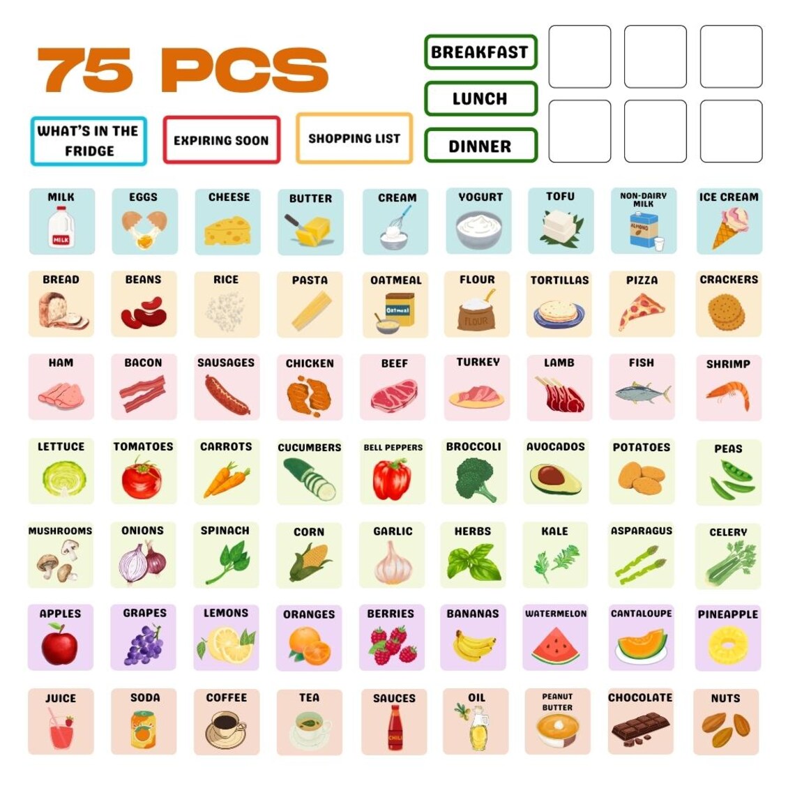 75 Pcs Fridge Food Tracker Magnets, Meal Planner, Grocery Tracker ...