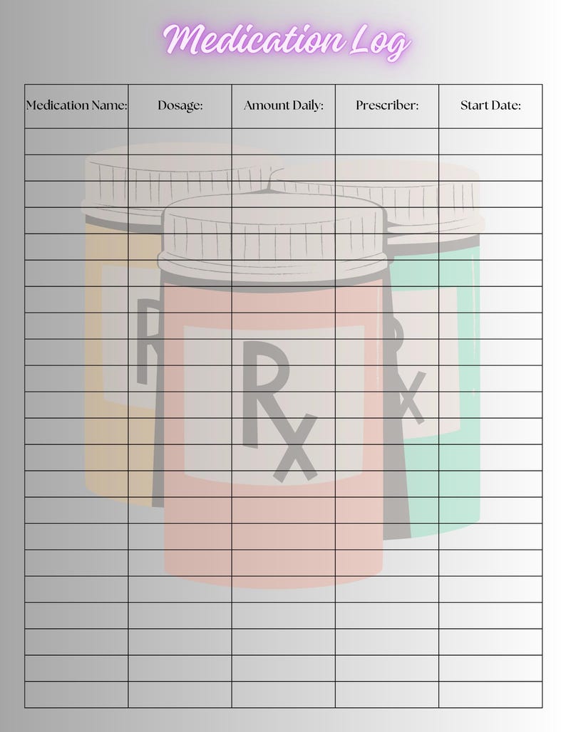 Medication Tracker Spreadsheet Printable Medication Log Daily Health ...