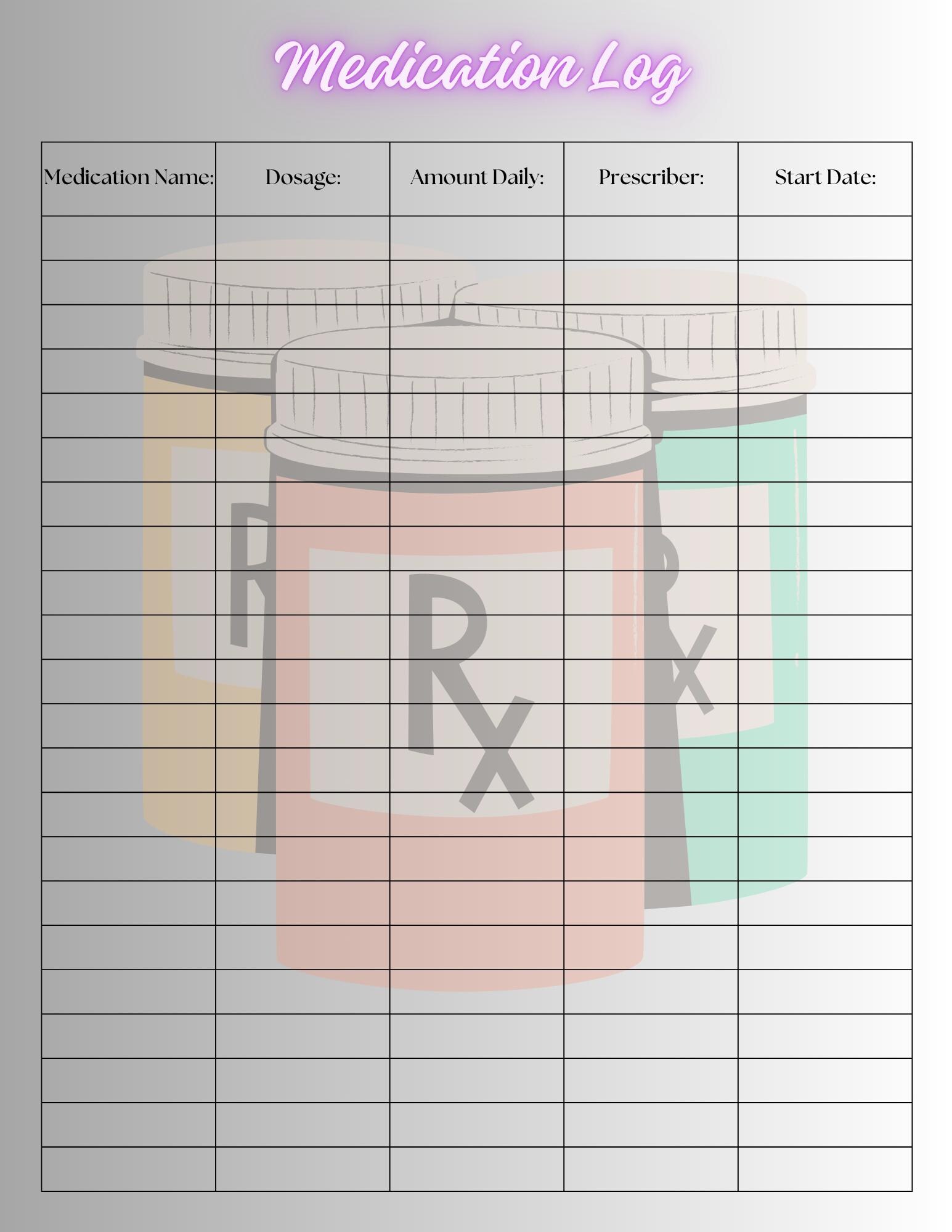 Medication Tracker Spreadsheet Printable Medication Log Daily Health ...