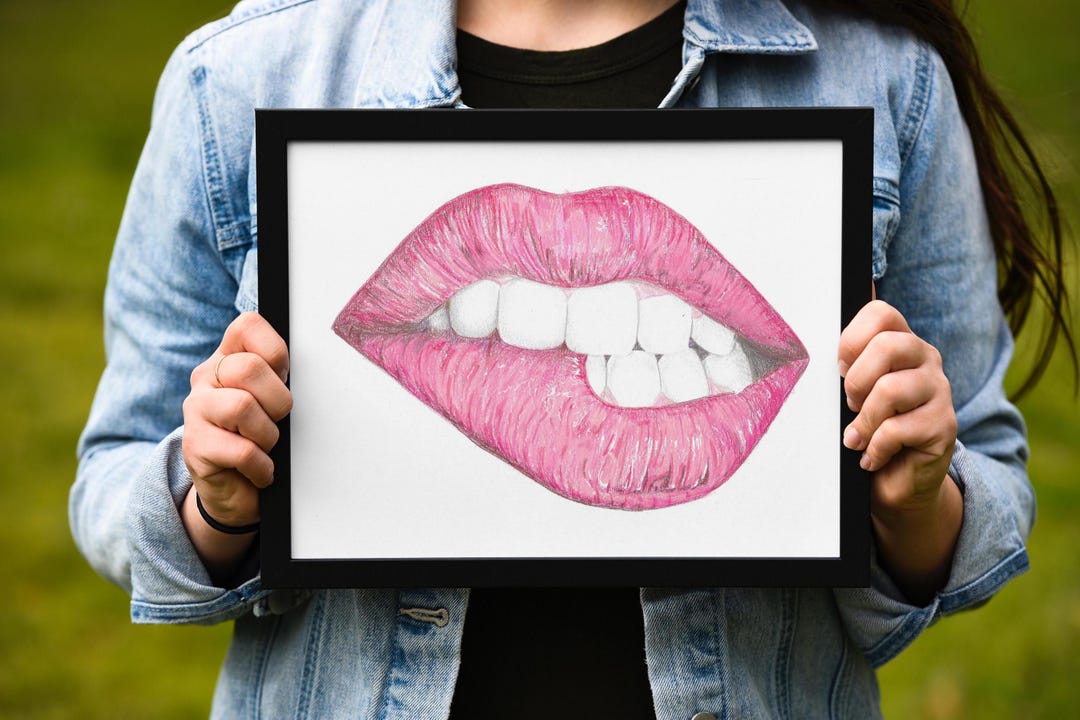 Biting Lips Colored Pencil Drawing - Art Print - Etsy
