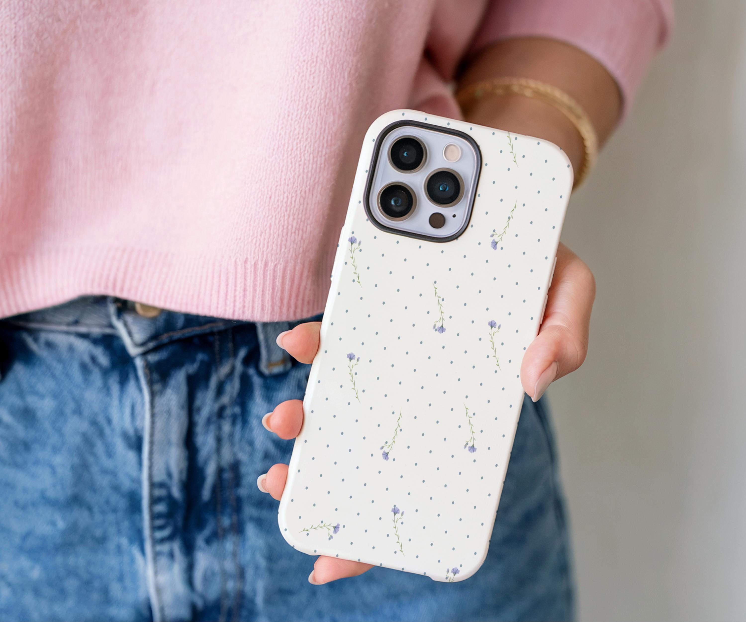 Spring iPhone Case | Soft Blue Polka Dots With Florals | Cottagecore ...