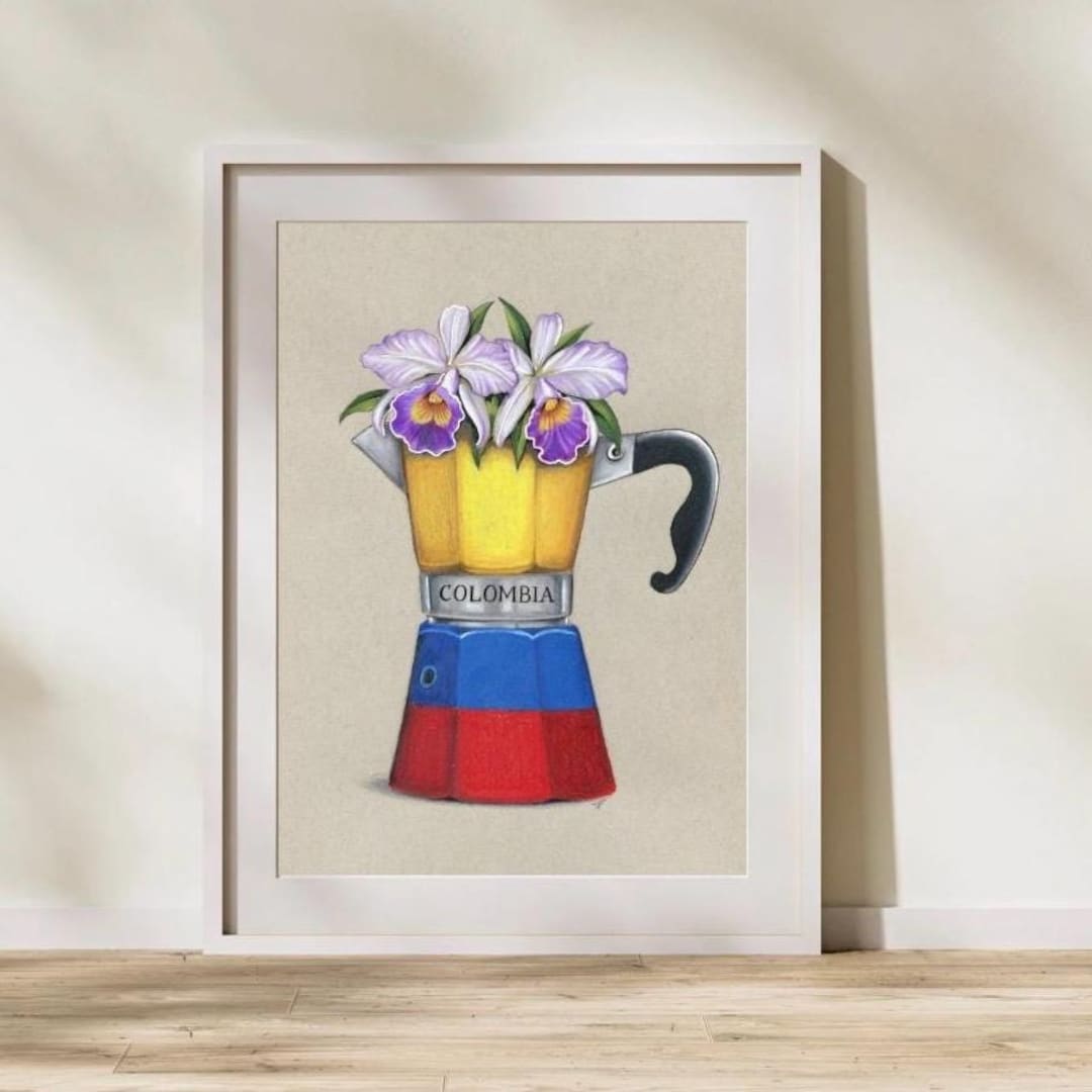 Moka Pot Coffee Art Print – Colombian Coffee Wall Art With Cattleya ...