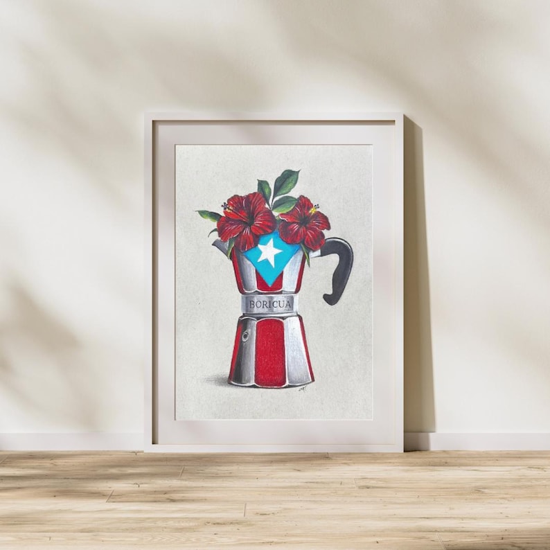 Boricua Greca Coffee Pot Art Print | Puerto Rico Cafetera Wall Decor ...