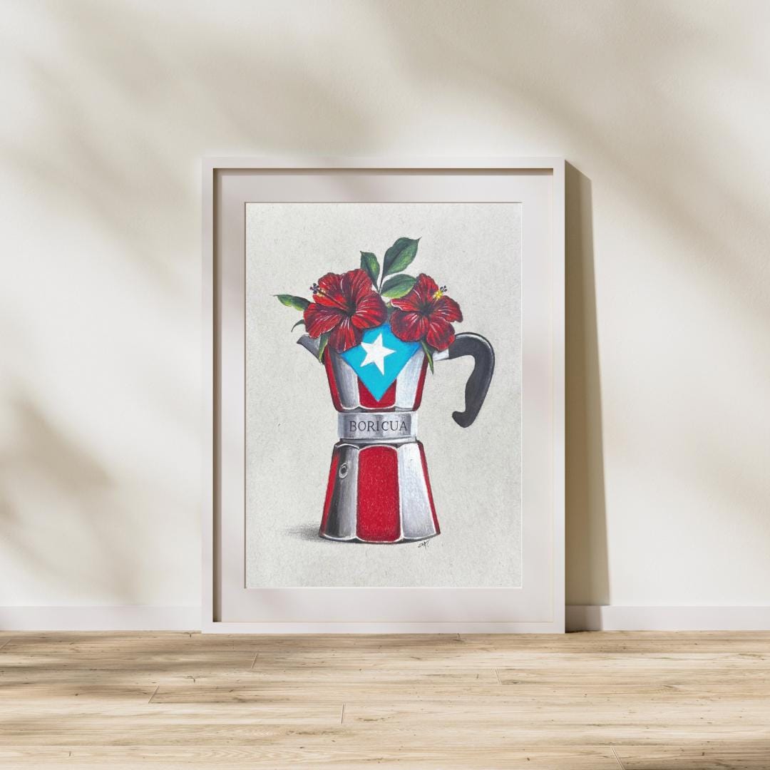 Boricua Greca Coffee Pot Art Print | Puerto Rico Cafetera Wall Decor ...