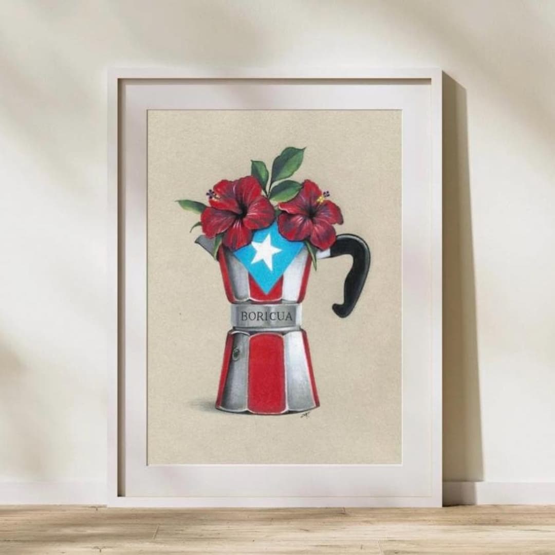 Boricua Greca Coffee Pot Art Print | Puerto Rico Cafetera Wall Decor ...
