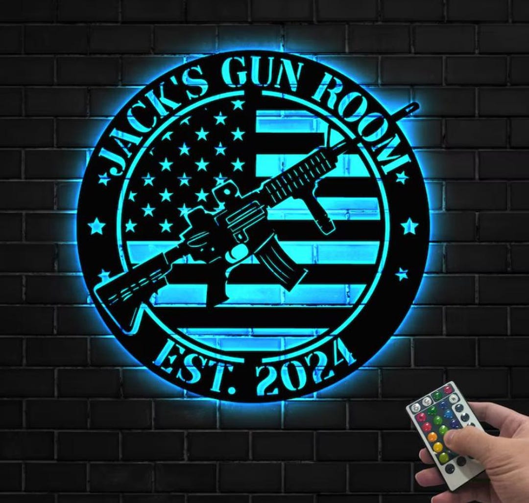 Custom Gun American Flag Metal Sign With LED Light, Gun Metal Sign, Gun ...