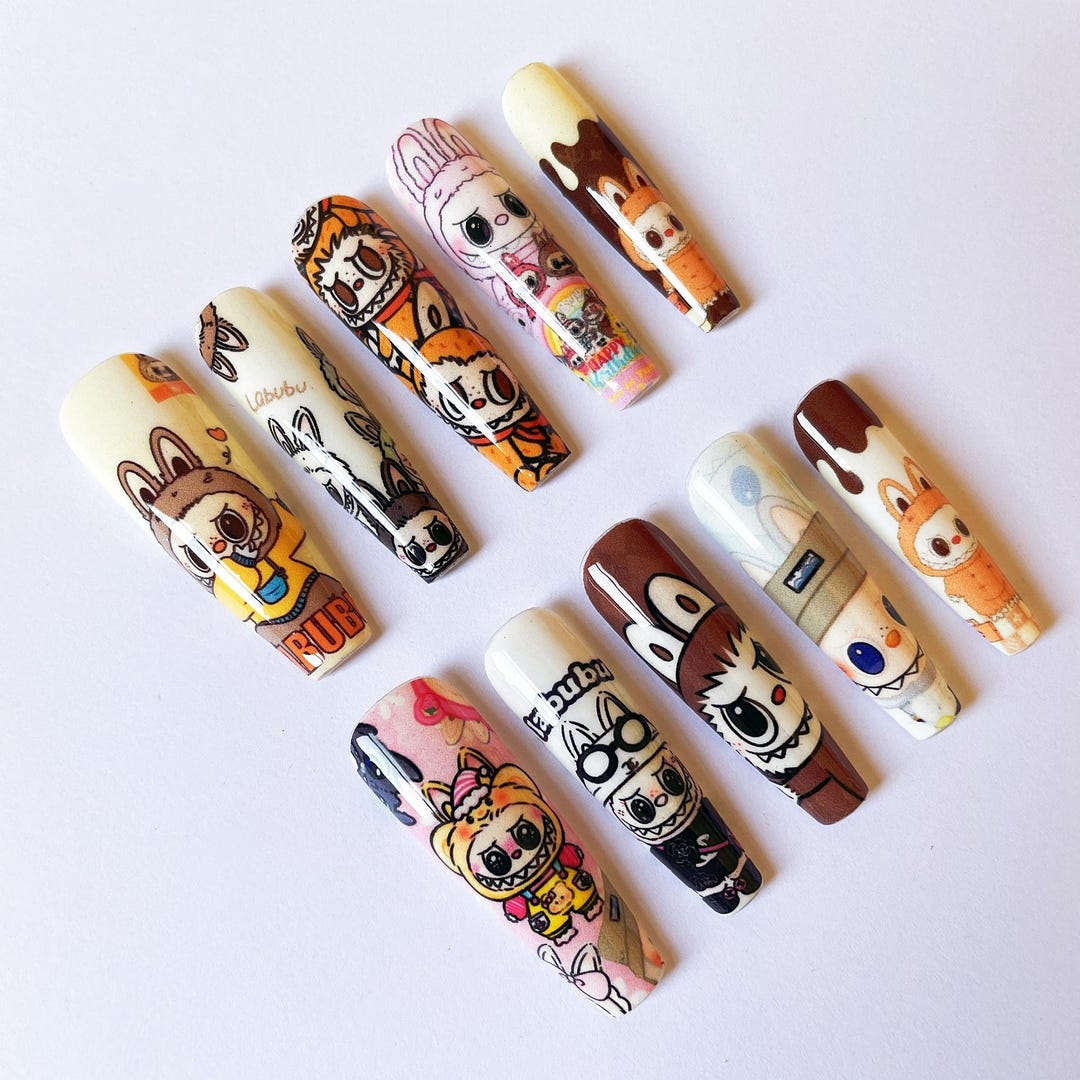 XL Coffin Labubu Inspired Nail Art | Handmade Kawaii False Nails ...