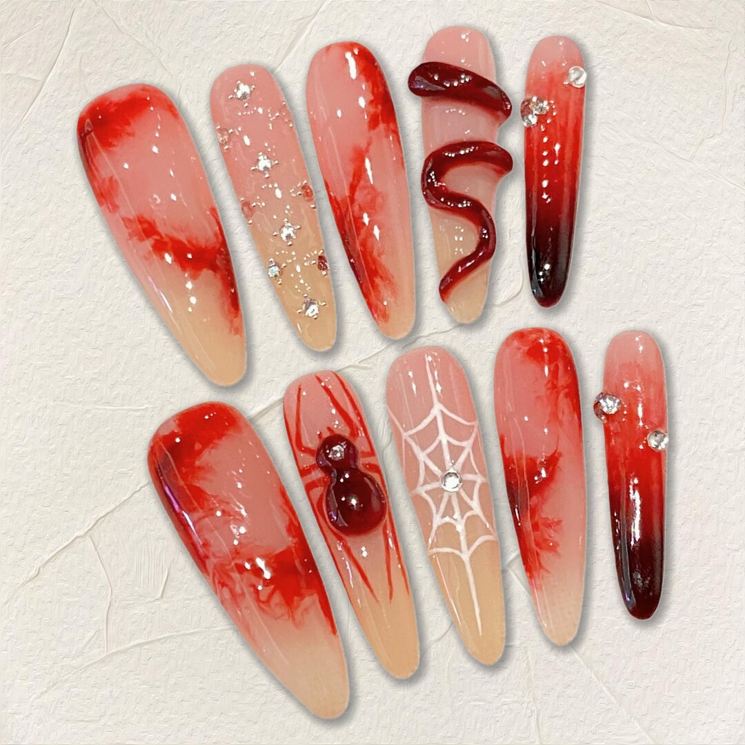 Creepy Blood Splatter Press-ons | Long Stiletto Halloween Nails ...