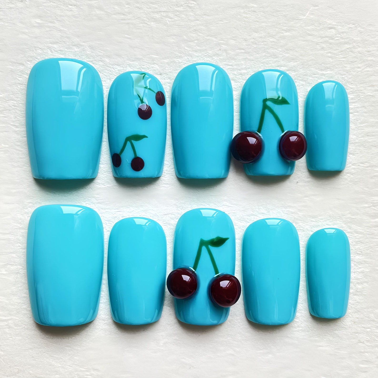 Turquoise Cherry Press on Nails: 3D Square False Nails - Etsy