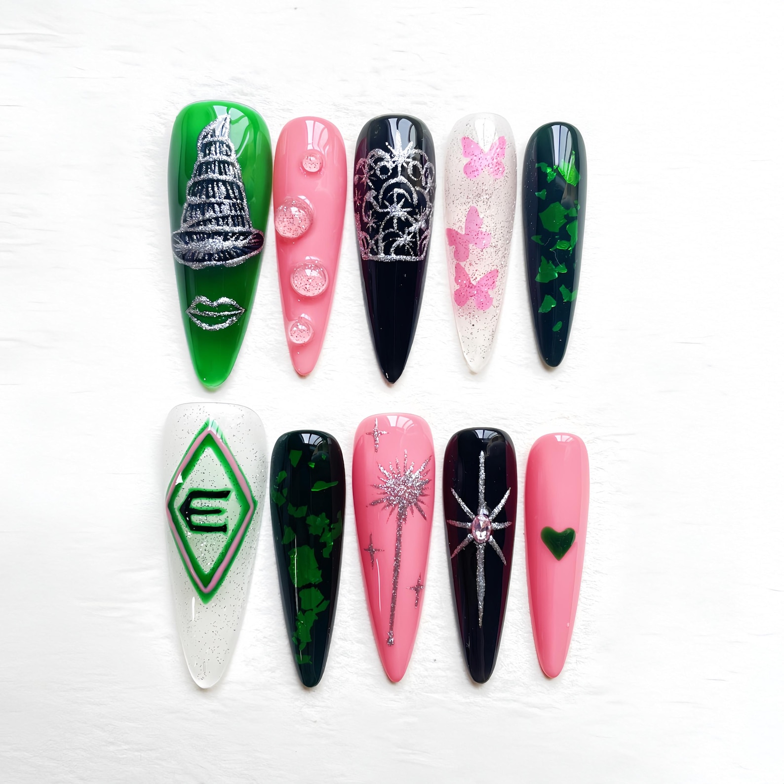 Wicked Inspired Press on Nails: Hand Painted Elphaba Goth Nails - Etsy
