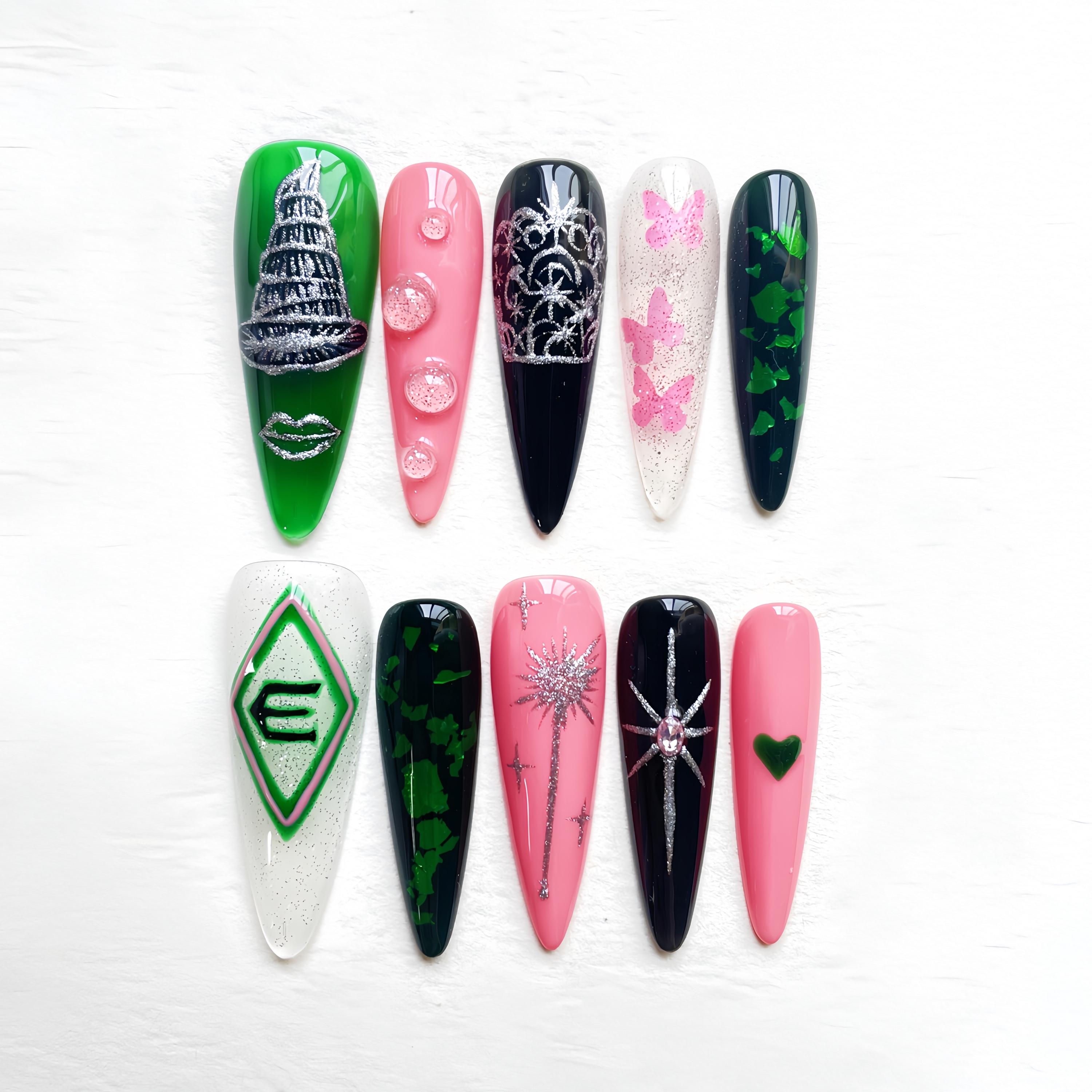 Wicked Inspired Press on Nails: Hand Painted Elphaba Goth Nails - Etsy